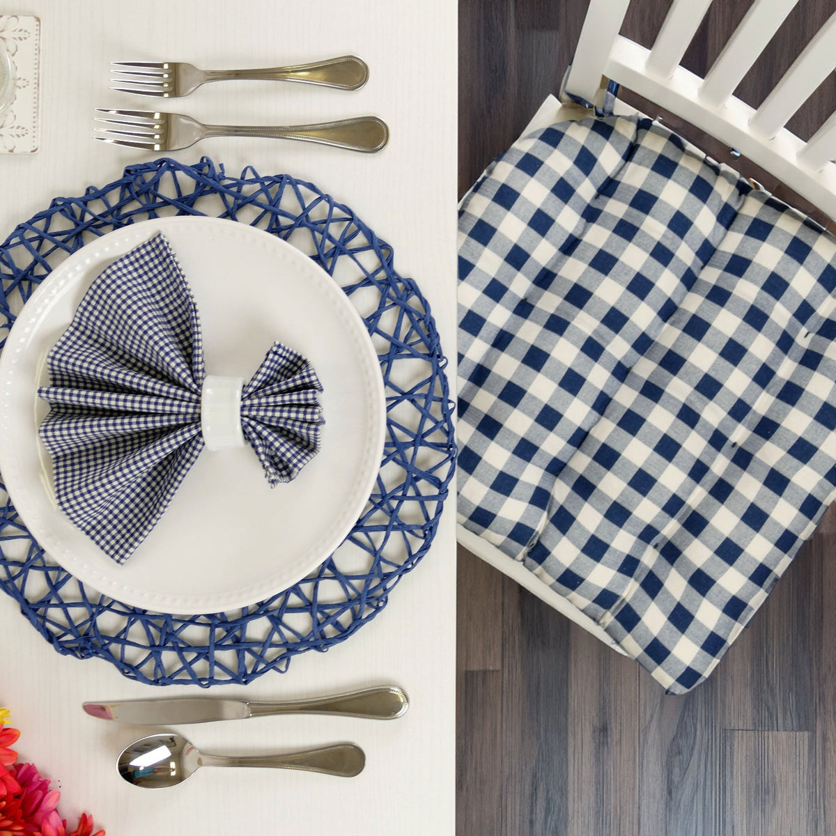 Classic Check Navy Blue Dining Chair Pads - Made in USA